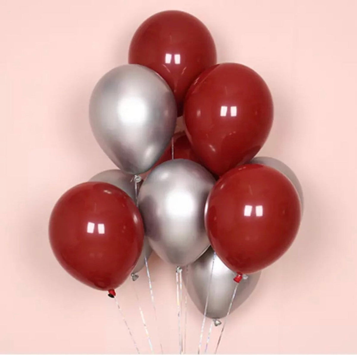 Ruby Red and Silver Balloon Bouquet - 10 Balloons - With Helium ...